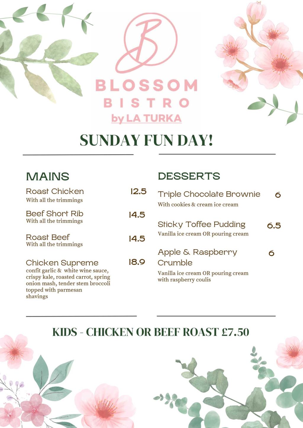 Sunday Roast Menu – Blossom Bistro – Monton